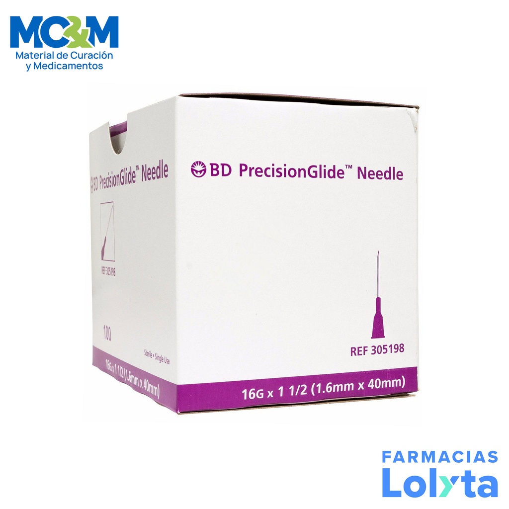 AGUJA HIPODERMICA 16G X 40 MM C/100 MORADA REF 305198 BD | Website MC&M