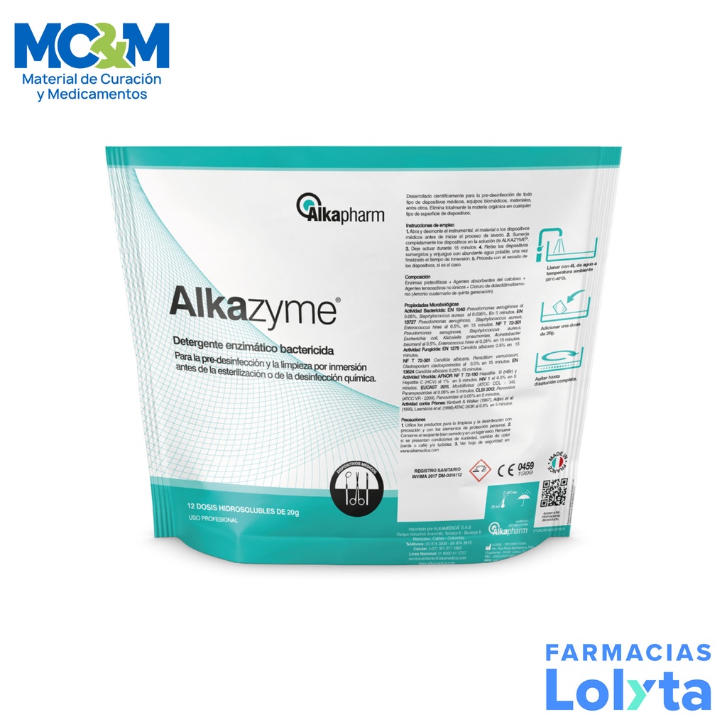 ALKAZYME 20 G C/12 DOSIS DETERGENTE DESINFECTANTE ENZIMATICO ALCALINO ...