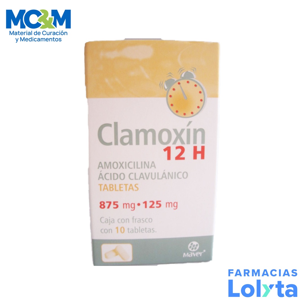 AMOXICILINA ACIDO CLAVULANICO 875MG/125MG C/10 TAB CLAMOXIN 12H LAB ...