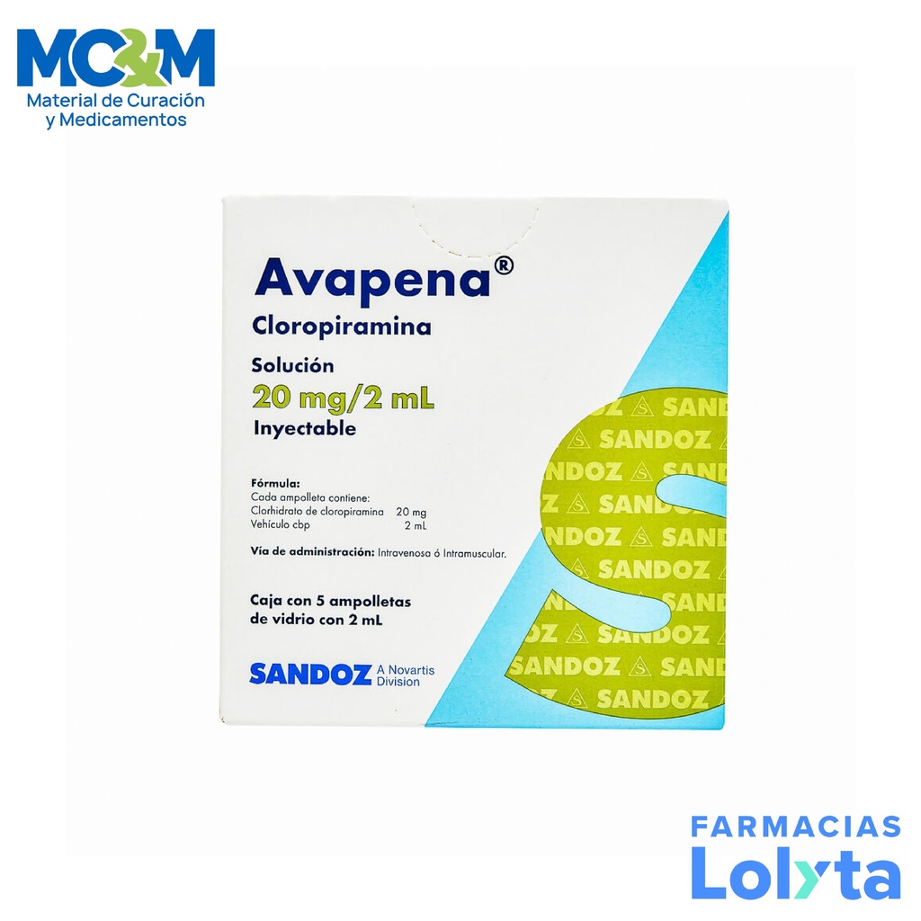 AVAPENA SOL INY 20 MG/2 ML C/5 AMP DE 2 ML CLOROPIRAMINA LAB SANDOZ ...