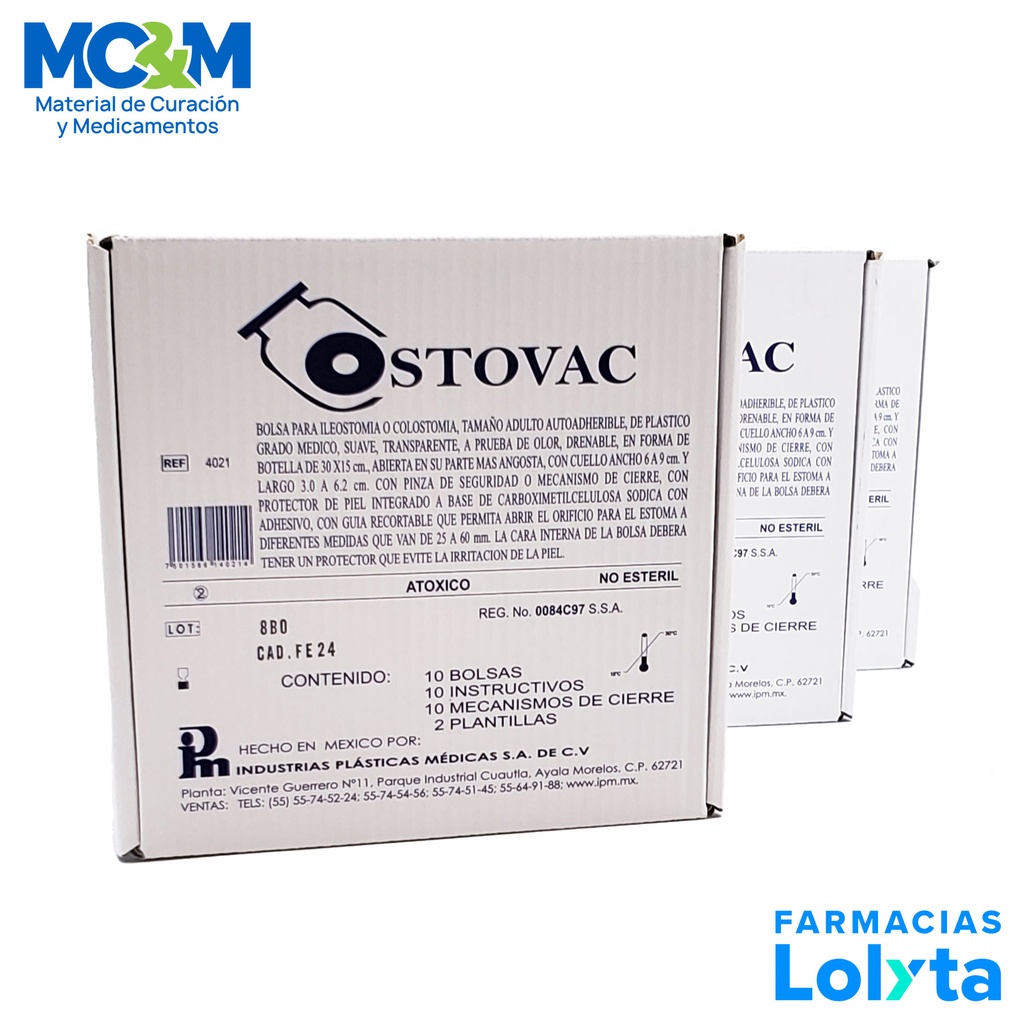 BOLSA PARA ILEOSTOMIA O COLOSTOMIA ADULTO C/10 PIEZAS OSTOVAC REF 4021 ...