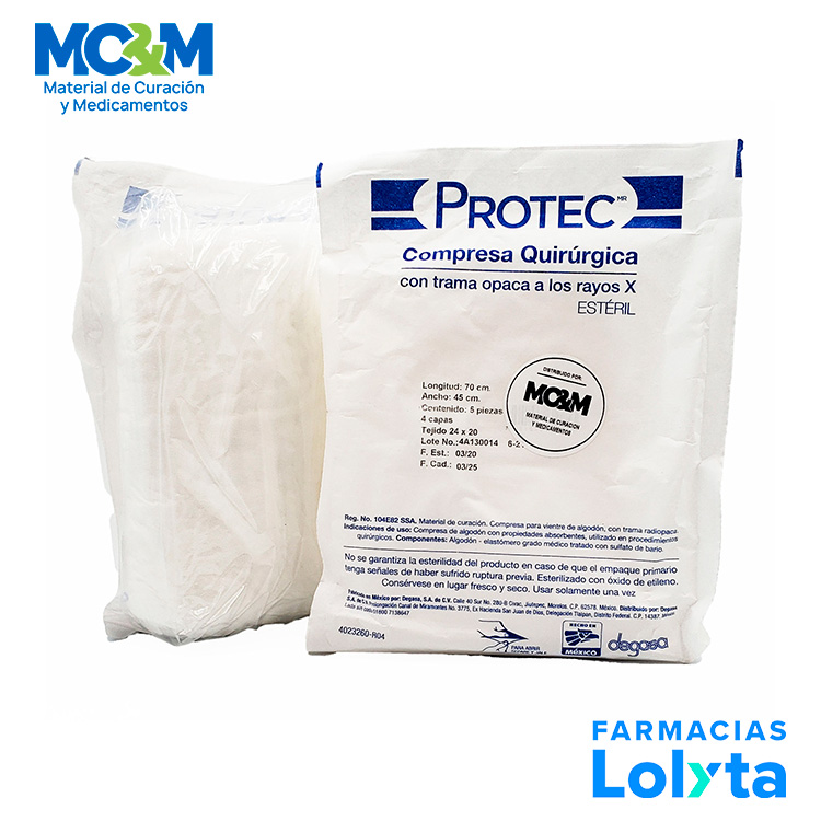 COMPRESA QUIRURGICA ESTERIL HR 70 X 45 CM TEJIDO 24X20 C/5 PZAS PROTEC ...