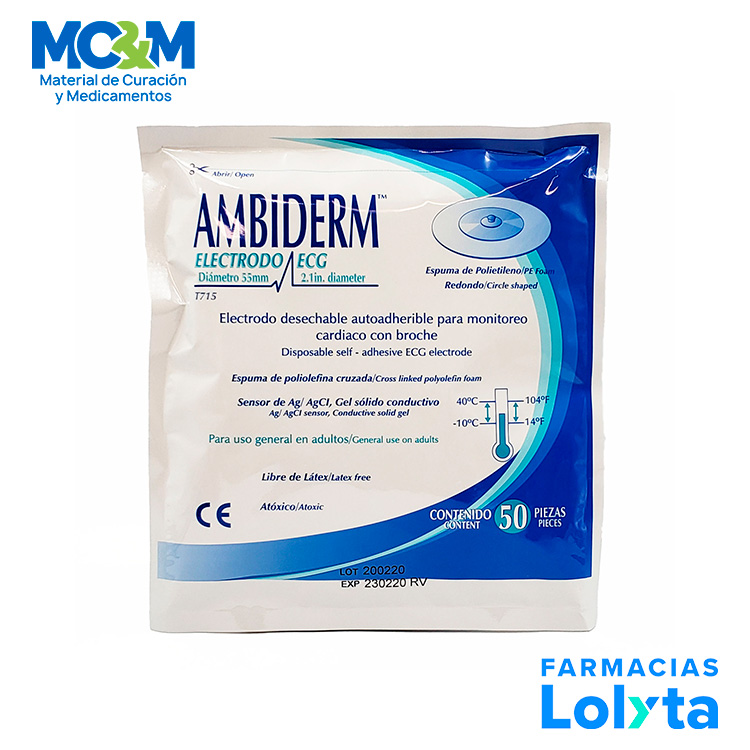 ELECTRODO DE MONITORIZACION CARDIACA 55 MM C/50 PZAS REDONDO DE ESPUMA ADULTO T-715 AMBIDERM ...