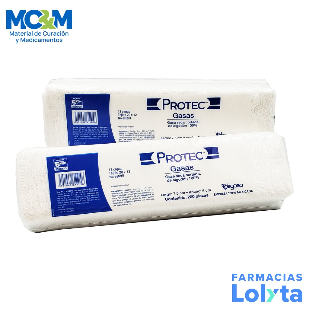 GASA SIN MEDIO 7.5 X 5 CM C/200 PZAS TEJIDO 20X12 NO ESTERIL PROTEC DEGASA 0104000 | Website MC&M