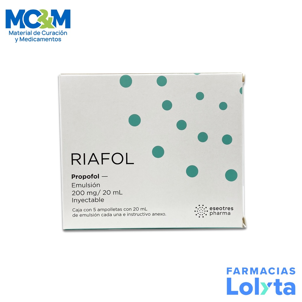 PROPOFOL SOL INY 200 MG/20 ML C/5 AMP RIAFOL LAB ESEOTRES PHARMA ...