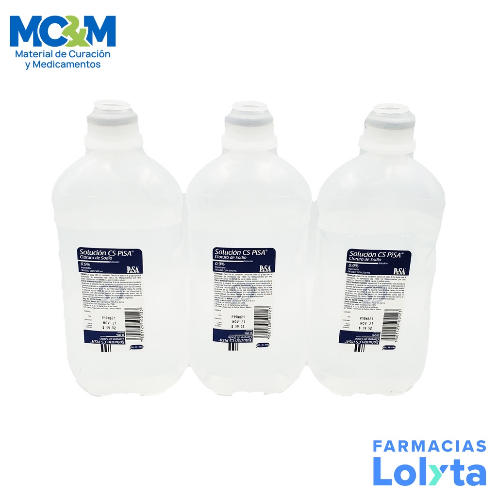 CLORURO DE SODIO SOL INY 0.9% 500 ML SOLUCION CS LAB PISA (FISIOLOGICA ...
