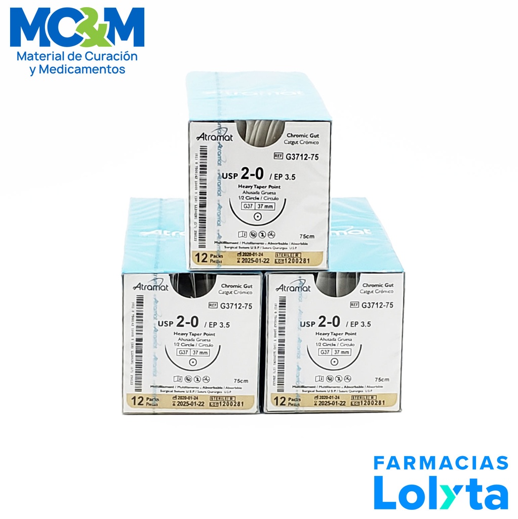 SUTURA CATGUT CROMICO 2/0 37 MM 75 CM 1/2 AHUSADA GRUESA REDONDA C/12 ...