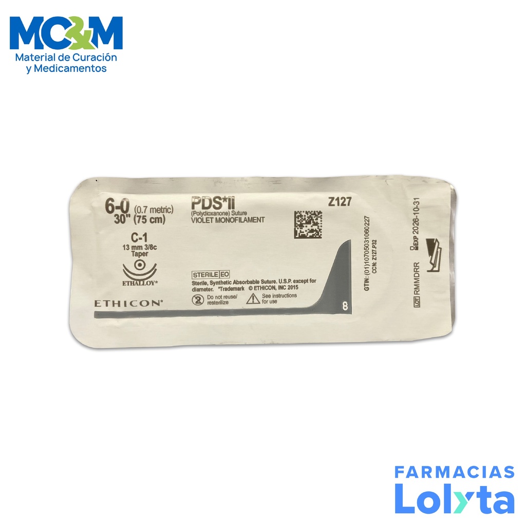 SUTURA PDS*II 6/0 13 MM 75 CM C-1 AHUSADA REDONDA DOBLE ARMADA ...